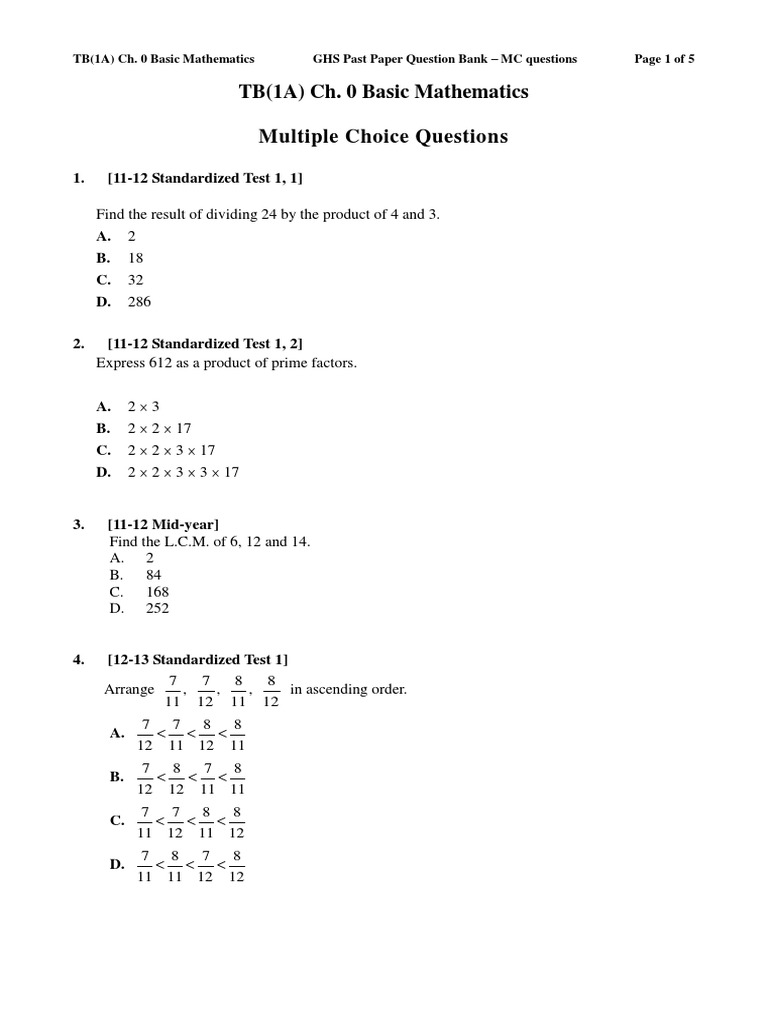 GHS Basic Math MCQ Question Bank | PDF