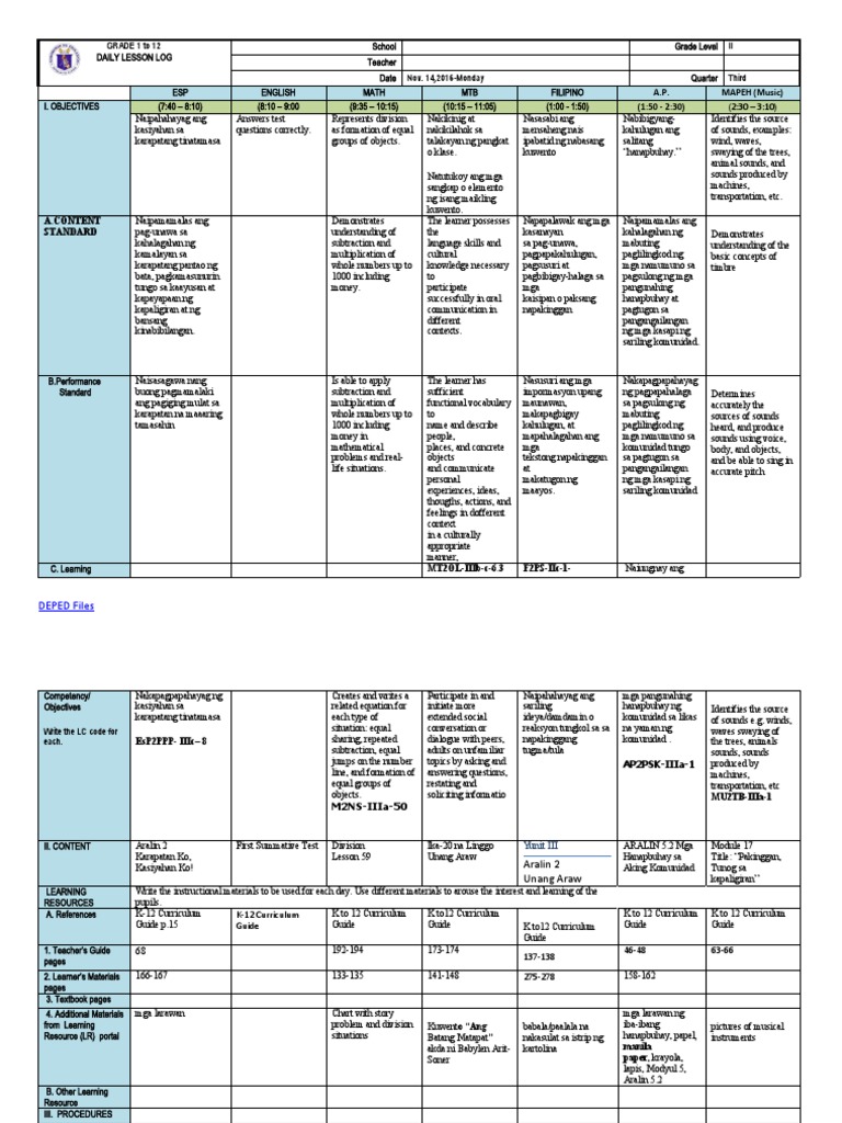 Grade 2 DLL All Subjects Q3 Week 2 Day 1 | PDF
