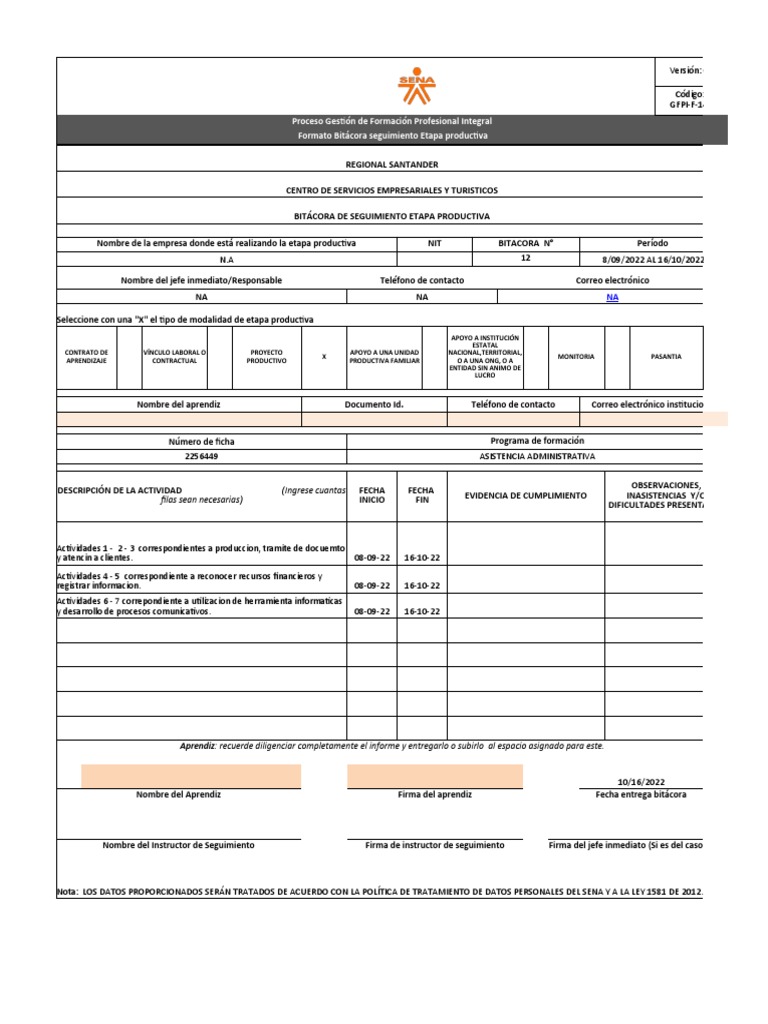 Bitacoras Sena, Formatos | PDF