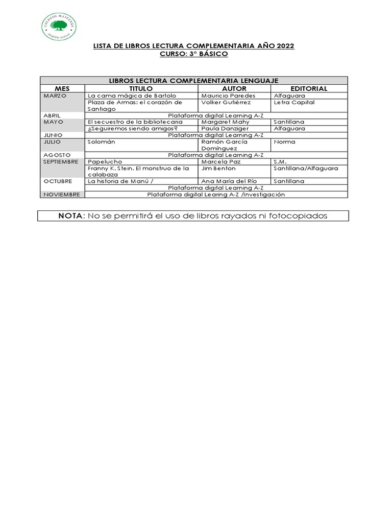 Lista de Libros Lectura Complementaria 3° Basico | PDF