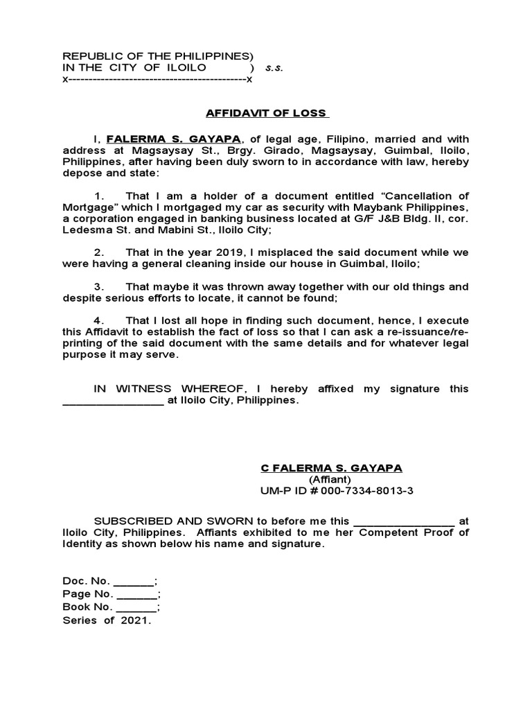 Affidavit of Loss - Cancellation of Mortgage | PDF