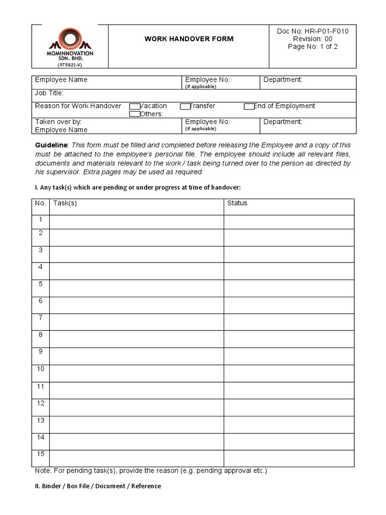 Employee Work Handover Form | PDF | Business