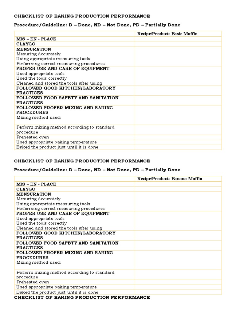 Baking Production Performance Checklist | PDF | Baking | Measurement