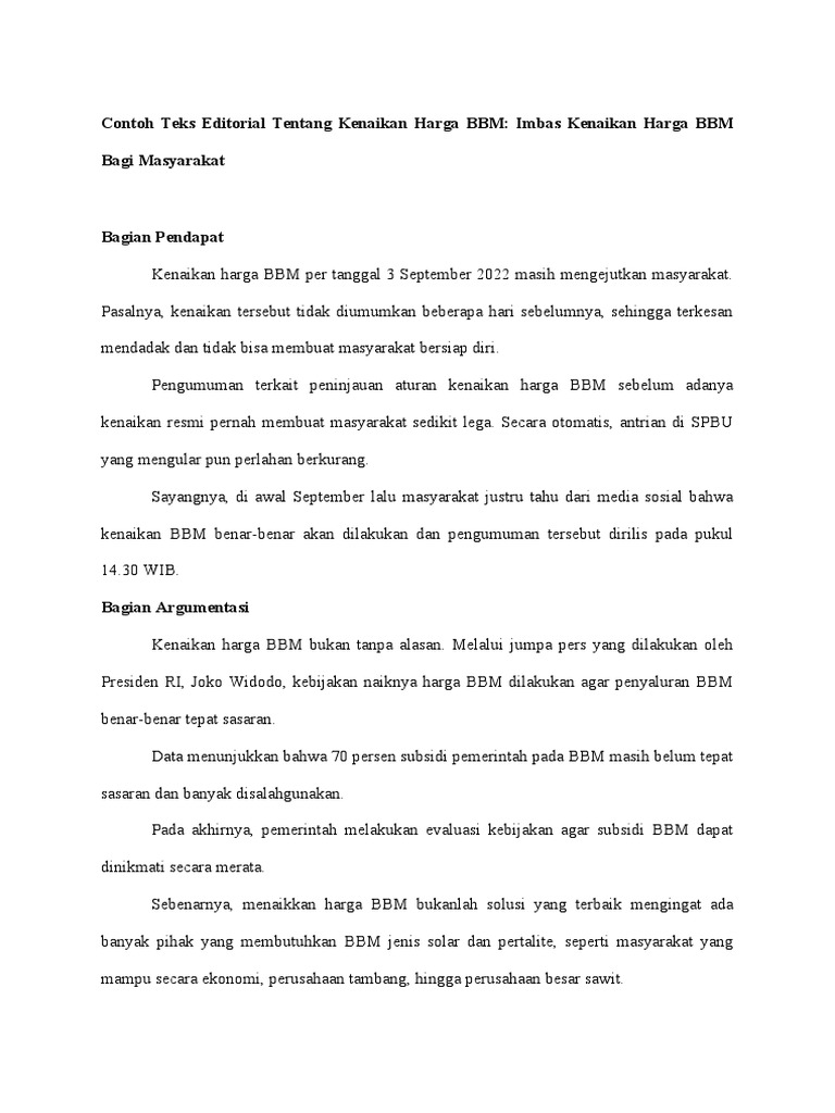 Contoh Teks Editorial Tentang Kenaikan Harga BBM | PDF