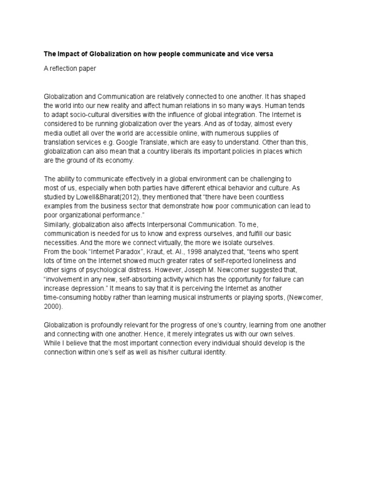 Reflection Paper On The Impact of Globalization On How People Communicate and Vice Versa | PDF