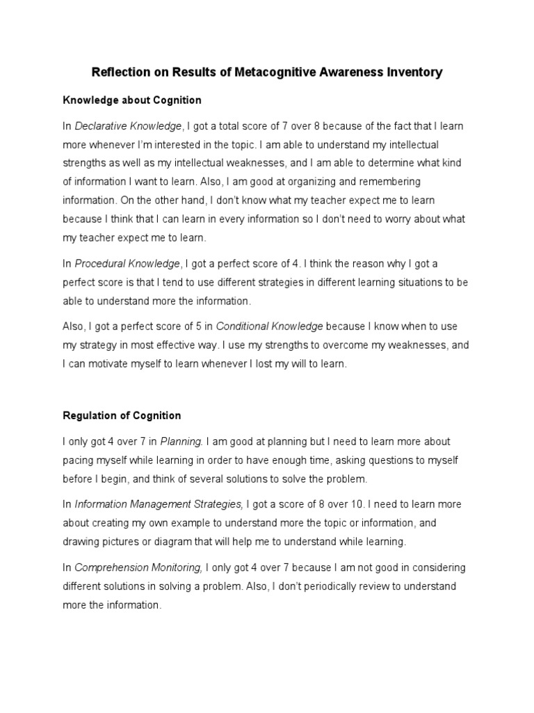 Metacognitive Awareness Inventory Reflection | PDF | Career & Growth ...