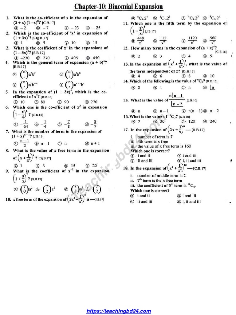 SSC Ev Higher Mathematics 10th Chapter MCQ Note | PDF