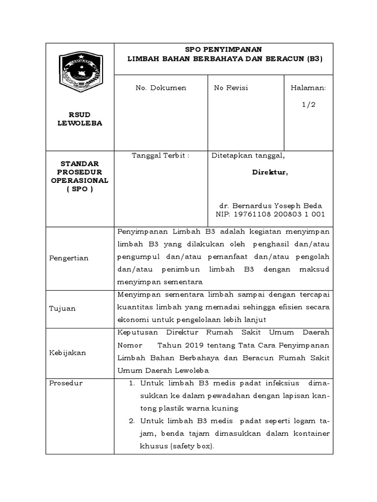 Sop Penyimpanan Limbah B3 Rsudl | PDF