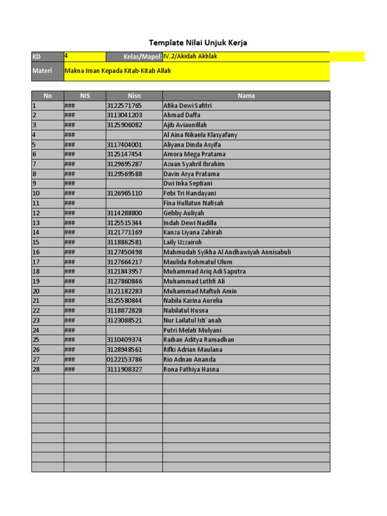 Template Nilai Akidah Akhlak Kelas IV | PDF