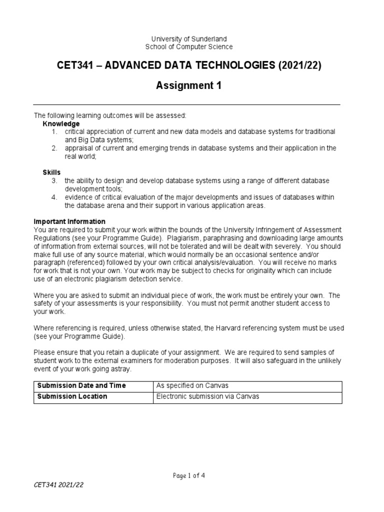 CET341 Assignment One 2021 - 22 | PDF | Databases | Academic Publishing
