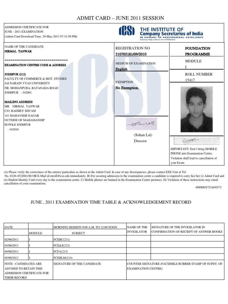ICSI Admit Card | PDF | Calculator | Identity Document