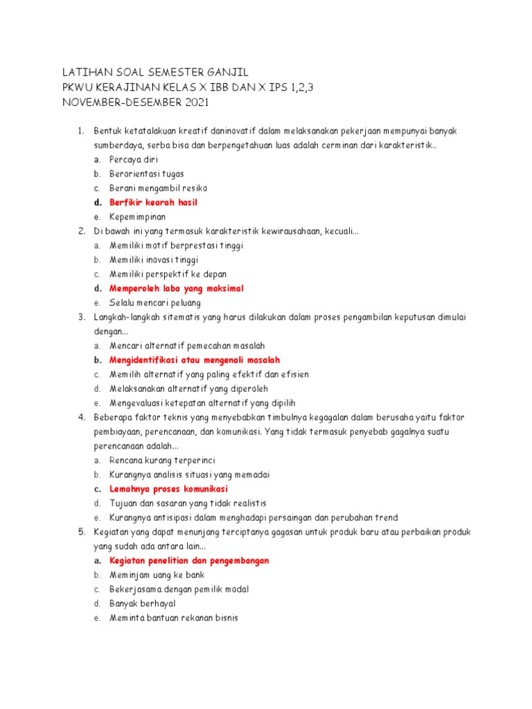 Latihan Soal Semester Ganjil Kelas X Pkwu | PDF | Karier & Perkembangan | Seni
