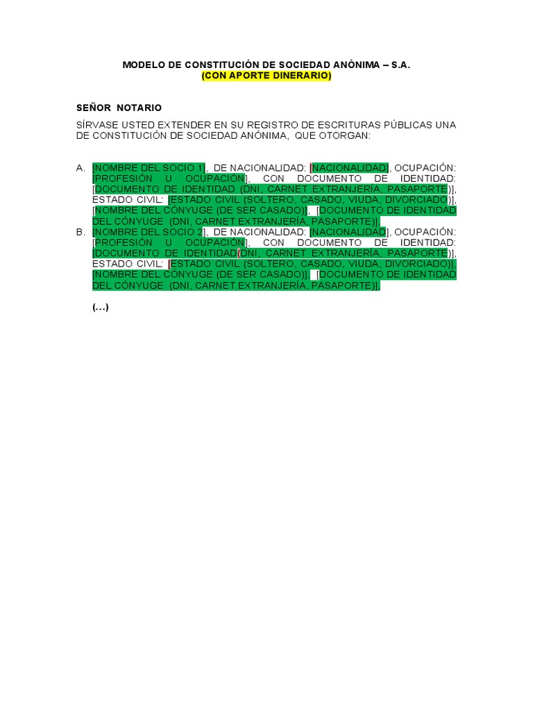 Modelo de Constitución de Sociedad Anónima | PDF