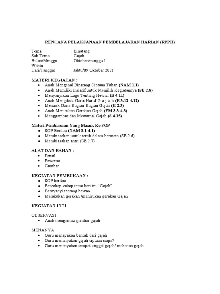 RPP Paud Sub Tema Ayam 1 | PDF | Seni & Disiplin Bahasa