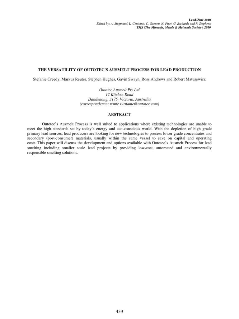 The Versatility of Outotec's Ausmelt Process For Lead Production | PDF ...