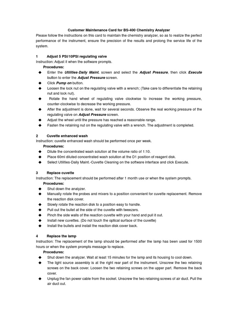BS-400 - Customer Maintenance Card - V3.0 - EN | PDF | Syringe | Valve