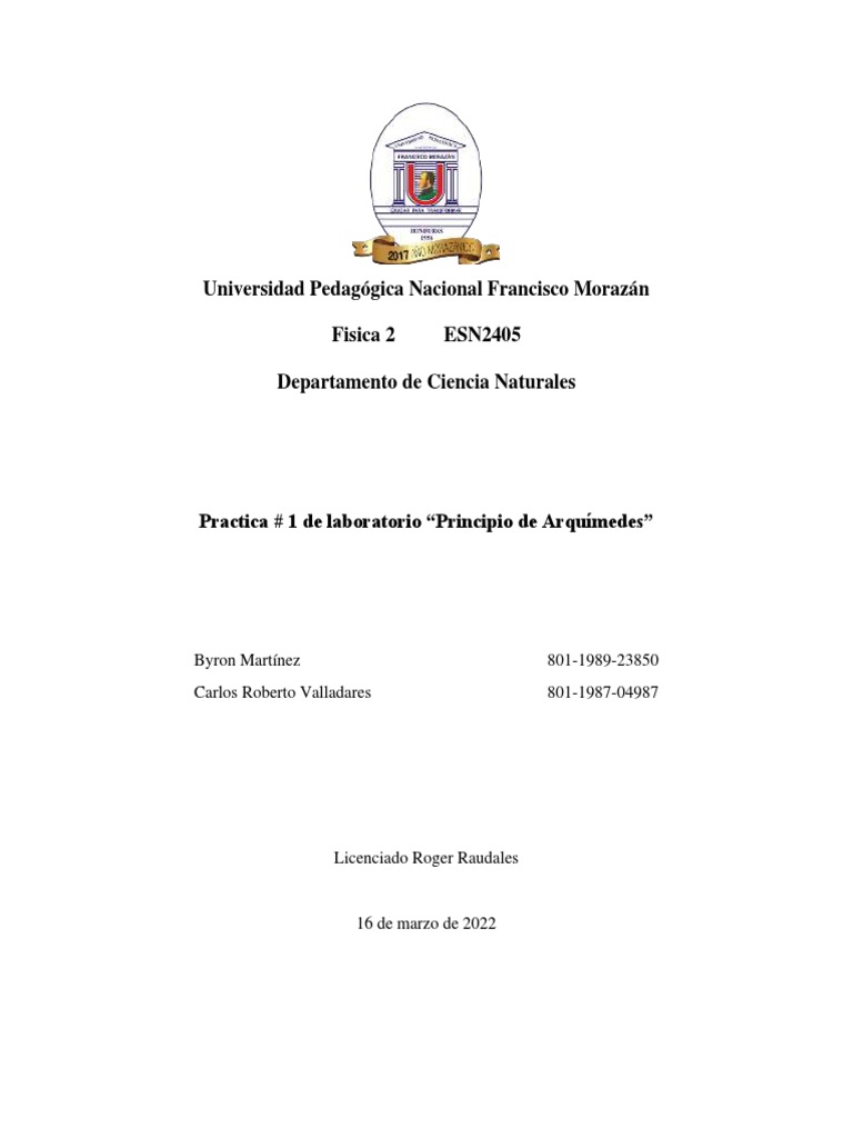 Practica # 1 de Laboratorio “Principio de Arquímedes” | PDF