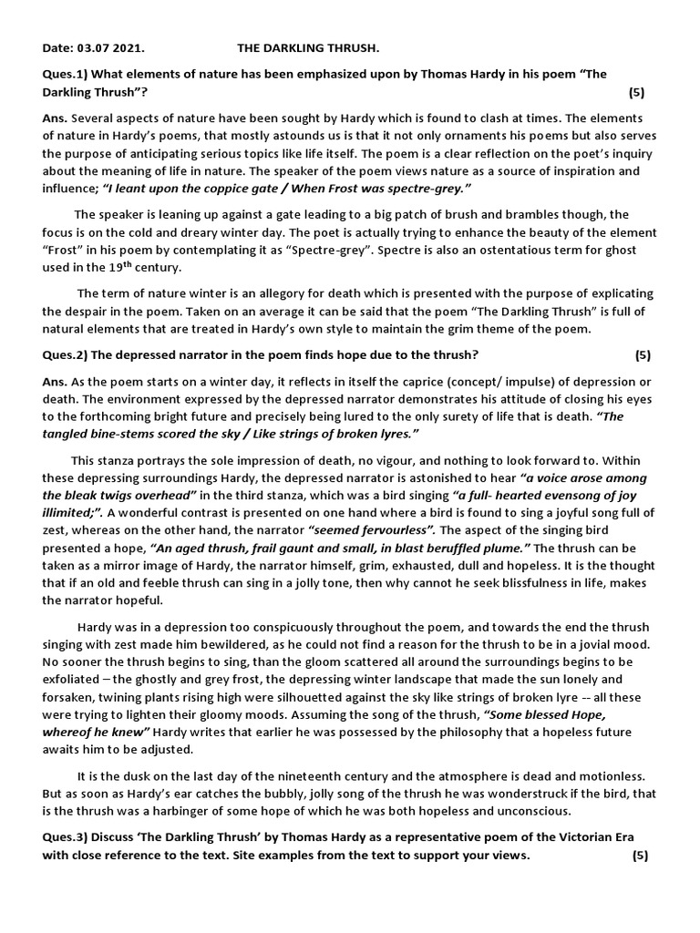 The Darkling Thrush. | PDF | Poetry
