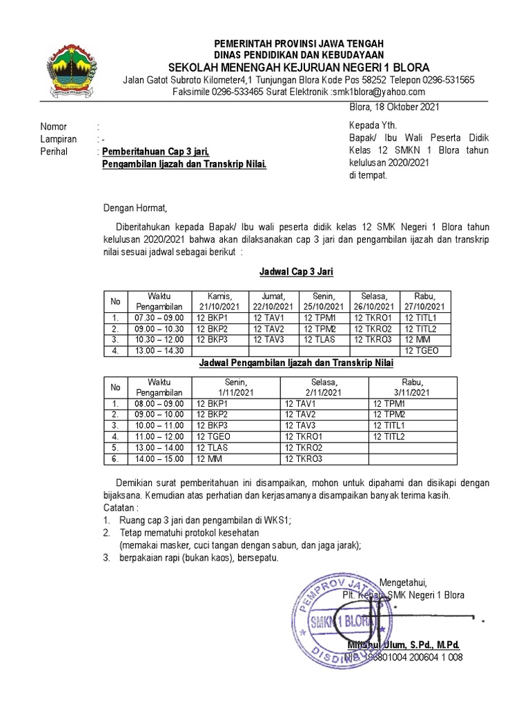 Surat Pemberitahuan Cap 3 Jari Dan Pengambilan Ijazah 2021 | PDF