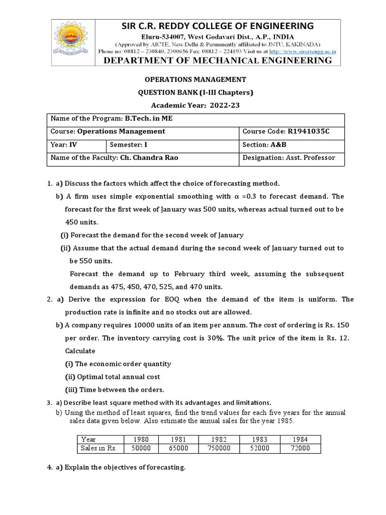 Operations Management Question Bank 2022-23 | PDF | Forecasting | Business