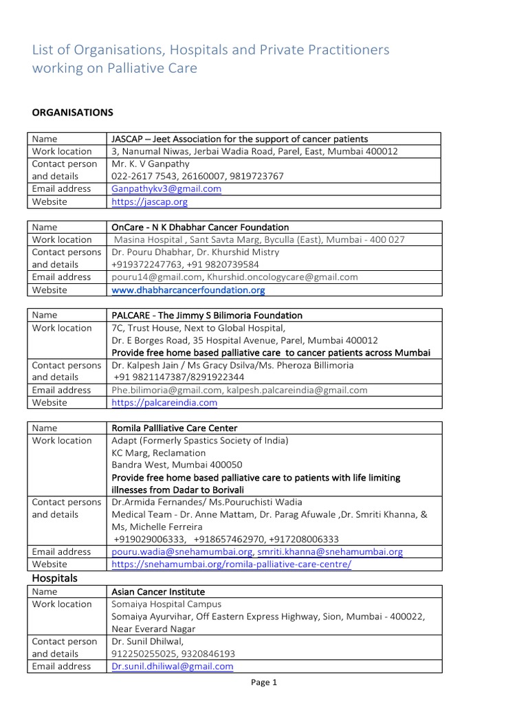 List of Organisations | PDF | Palliative Care | Hospice