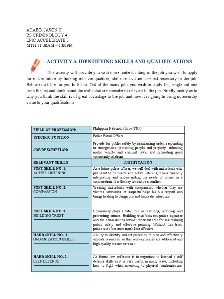 Epic-3 Activity 1 | PDF | Police | Skill