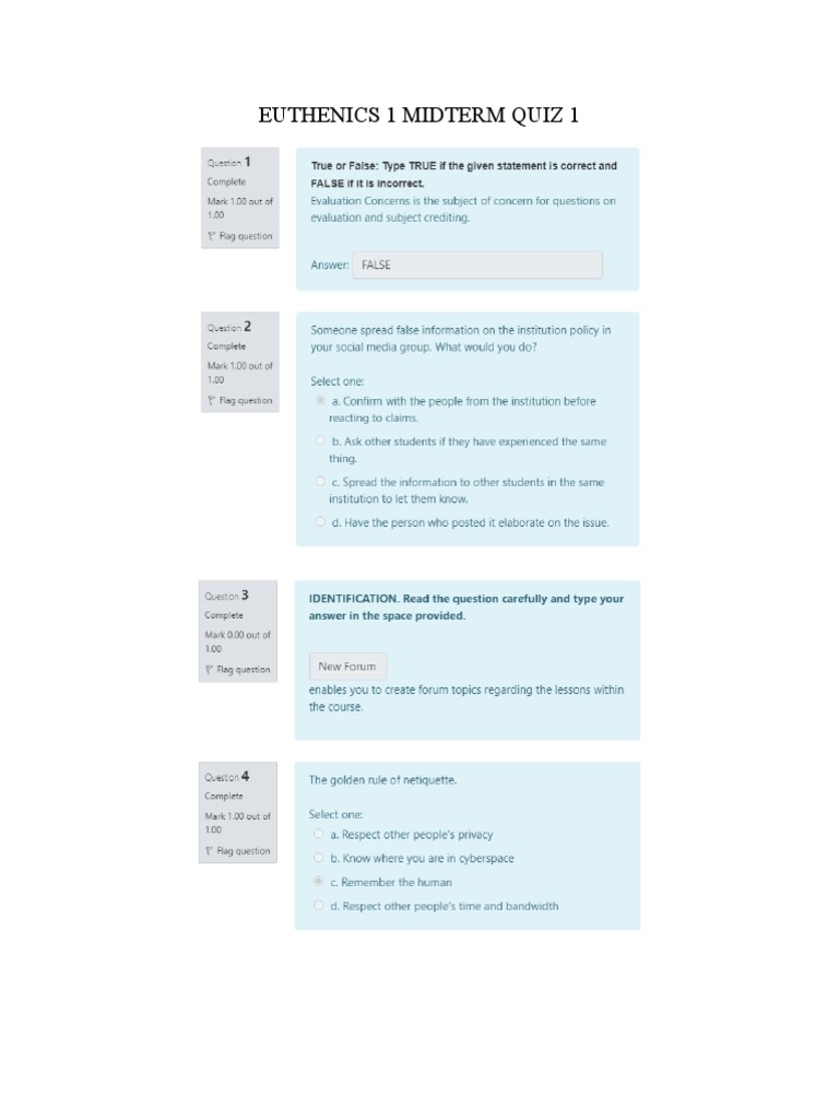 Euthenics 1 Midterm Quiz 1 | PDF