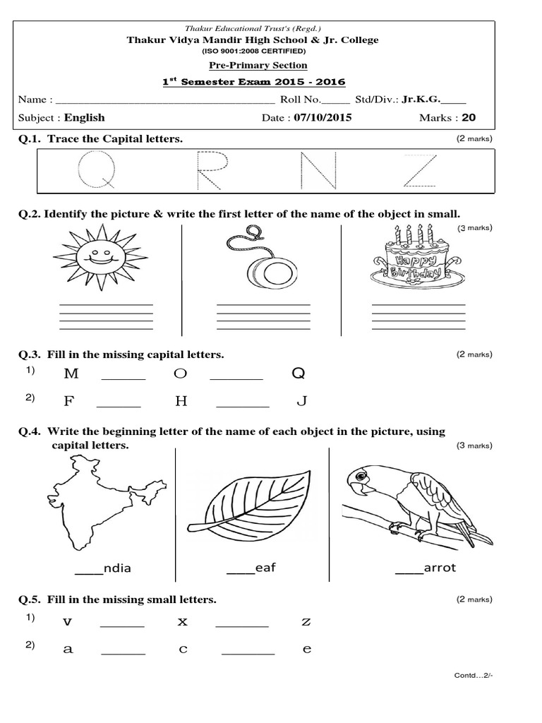 Jr KG 1st Semester Exam Papers | PDF