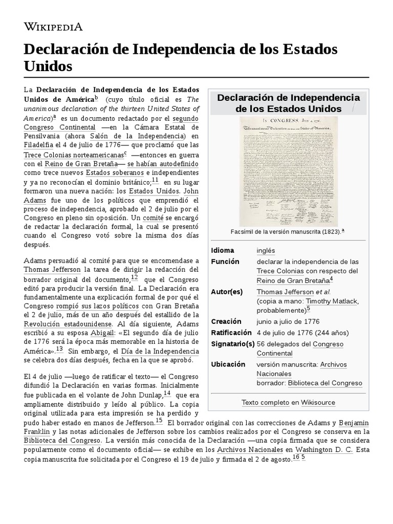 Declaración de Independencia de Los Estados Unidos | PDF | Declaración de independencia de los ...
