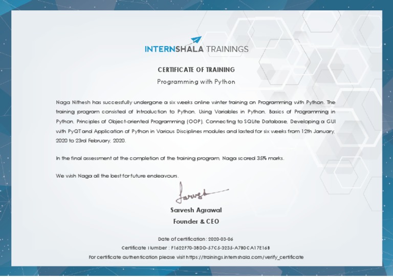 Programming With Python Training - Certificate of Completion | PDF