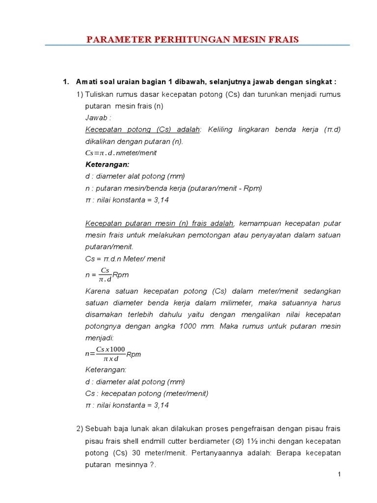 Parameter Perhitungan Mesin Frais | PDF | Metode & Bahan Ajar | Sains & Matematika