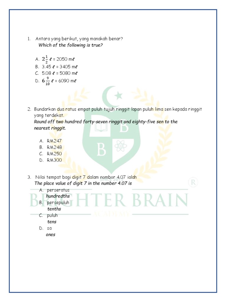 Math Y6 (Latihan Objektif) | PDF