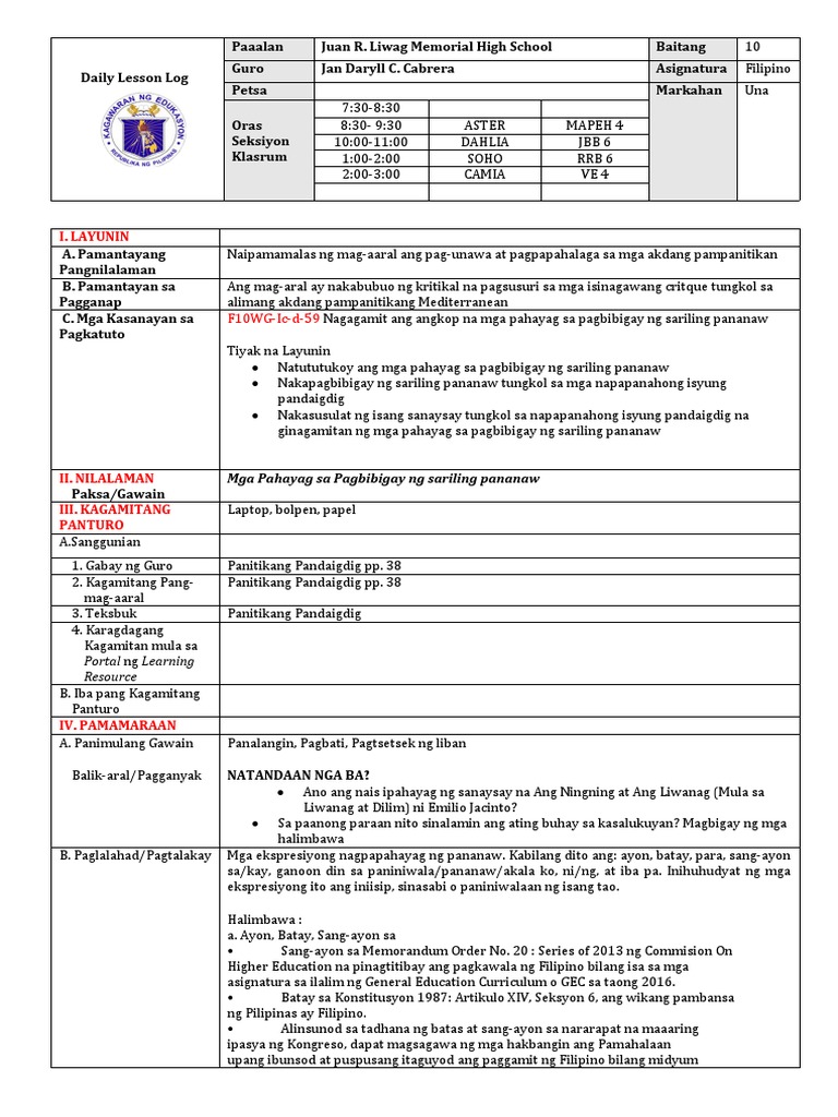 DLL Q1 FIL 10 Sanaysay Day 4 | PDF