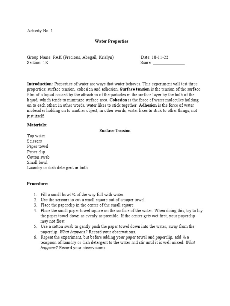 Activity No. 1 (Water Properties) | PDF | Surface Tension | Adhesion