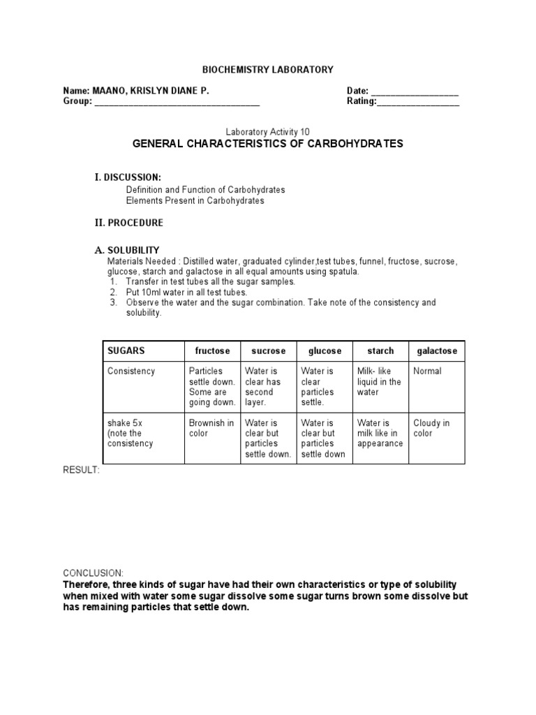 Lab Activity 10 - General Characteristics of Carbohydrates | PDF ...