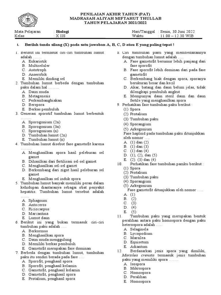 Soal Pat Biologi X | PDF
