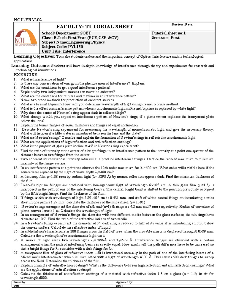 Tut 1 Interference | PDF | Interferometry | Light