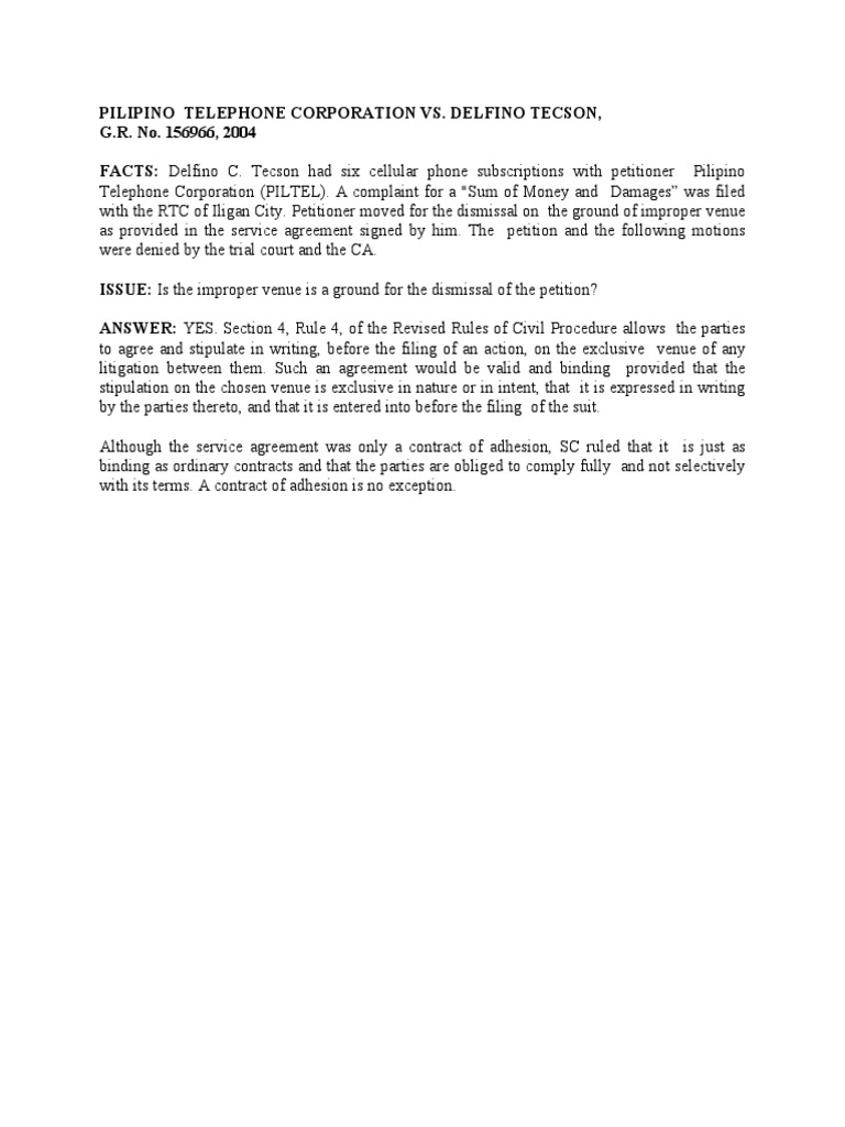 Case Digest PILIPINO TELEPHONE CORPORATION VS. DELFINO TECSON | PDF