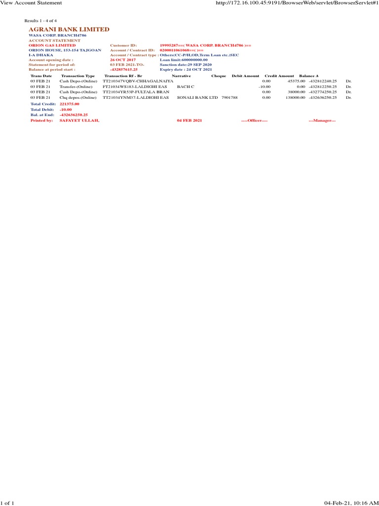 Agrani Bank Limited: Total Credit: Total Debit: Bal. at End | PDF