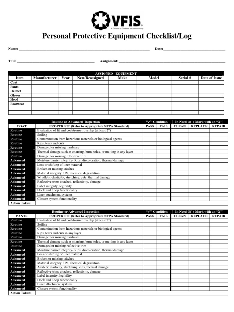 Main Personal Protective Equipment Checklist Log Vfis | PDF | Personal ...