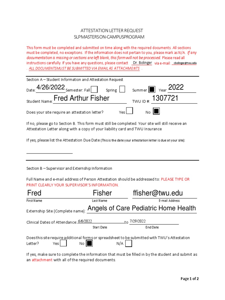 Attestation Letter Request and Checklist - Fred Arthur Fisher | PDF ...