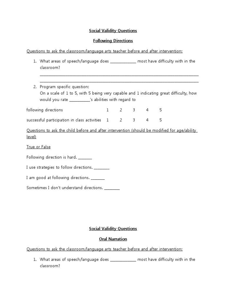Social Validity Questions | PDF | Question | Reading Comprehension