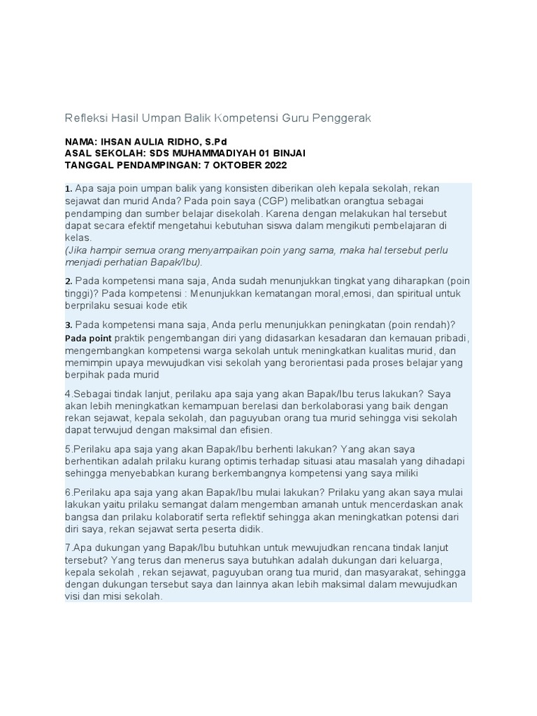 Refleksi Hasil Umpan Balik Kompetensi Guru Penggerak IHSAN AULIA RIDHO ...