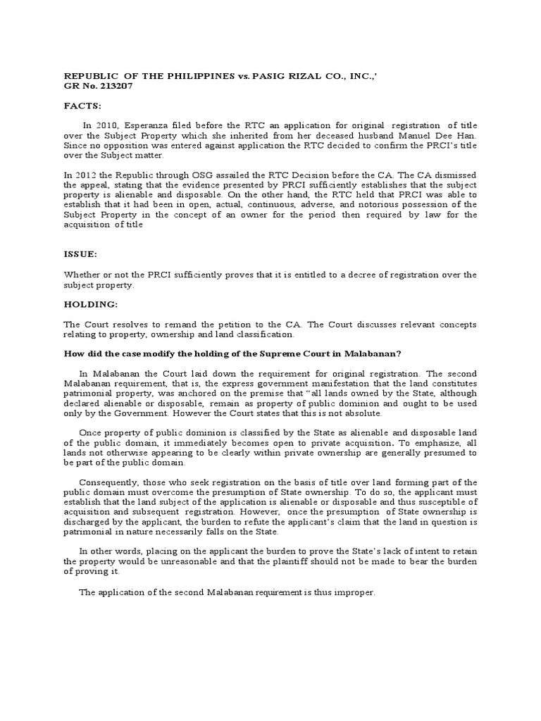 Case Digest - REPUBLIC OF THE PHILIPPINES vs. PASIG RIZAL CO., INC. | PDF