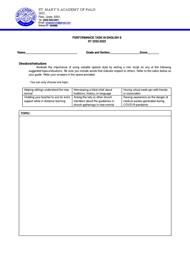 Performance Task in English 9 | PDF | Rubric (Academic) | Cognitive Science