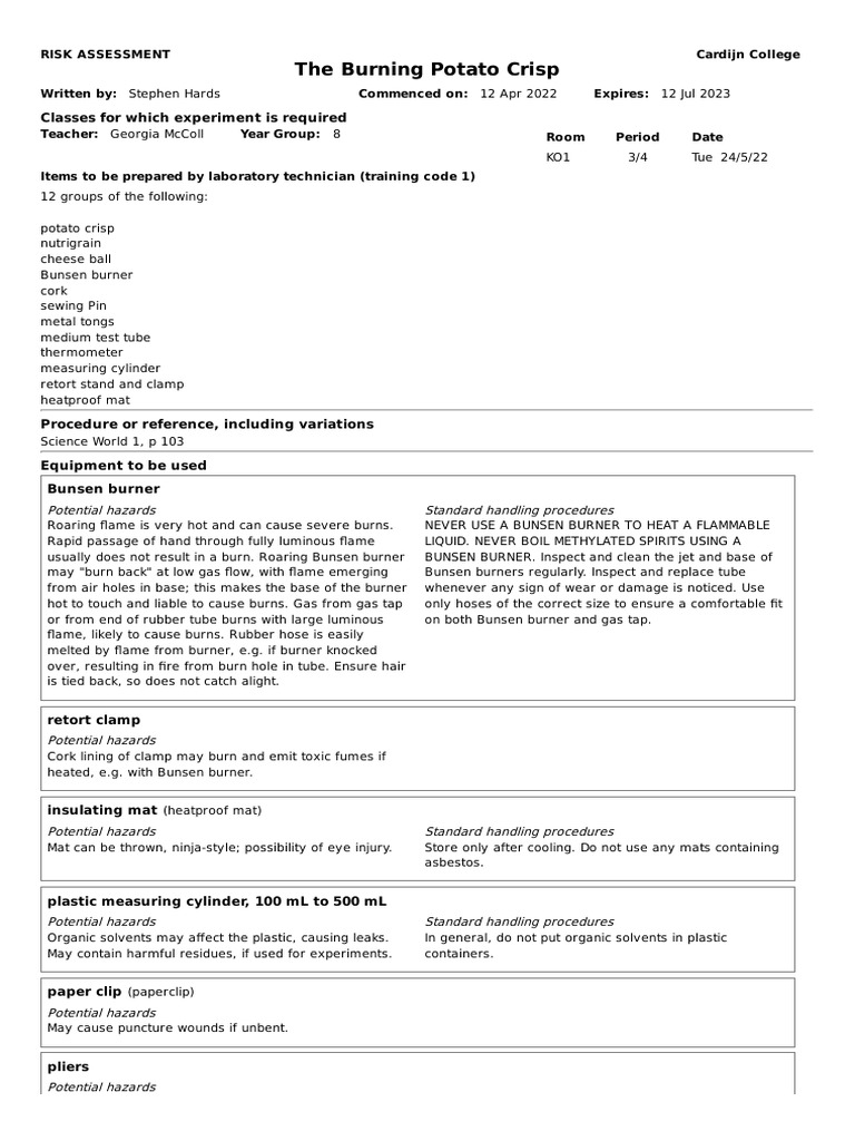 The Burning Potato Crisp | PDF | Risk | Laboratories
