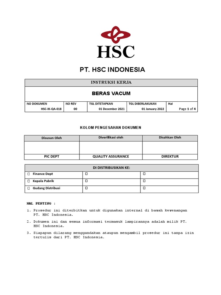 QA - 06. HSC-IK-QA-018 Beras Vacum | PDF