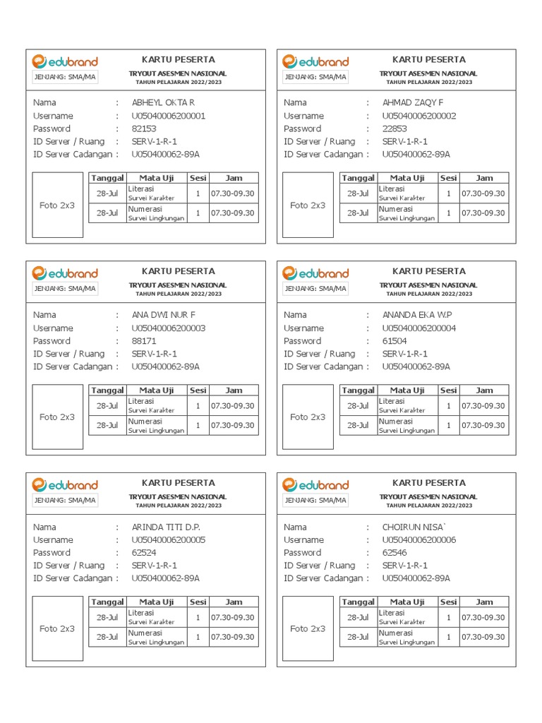 Kartu Peserta Tryout SMA/MA | PDF