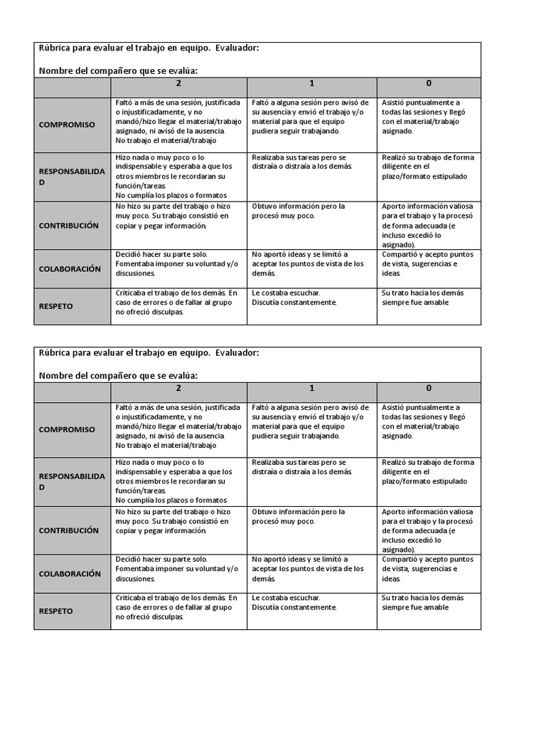 Rúbrica para Evaluar Trabajo en Equipo | PDF