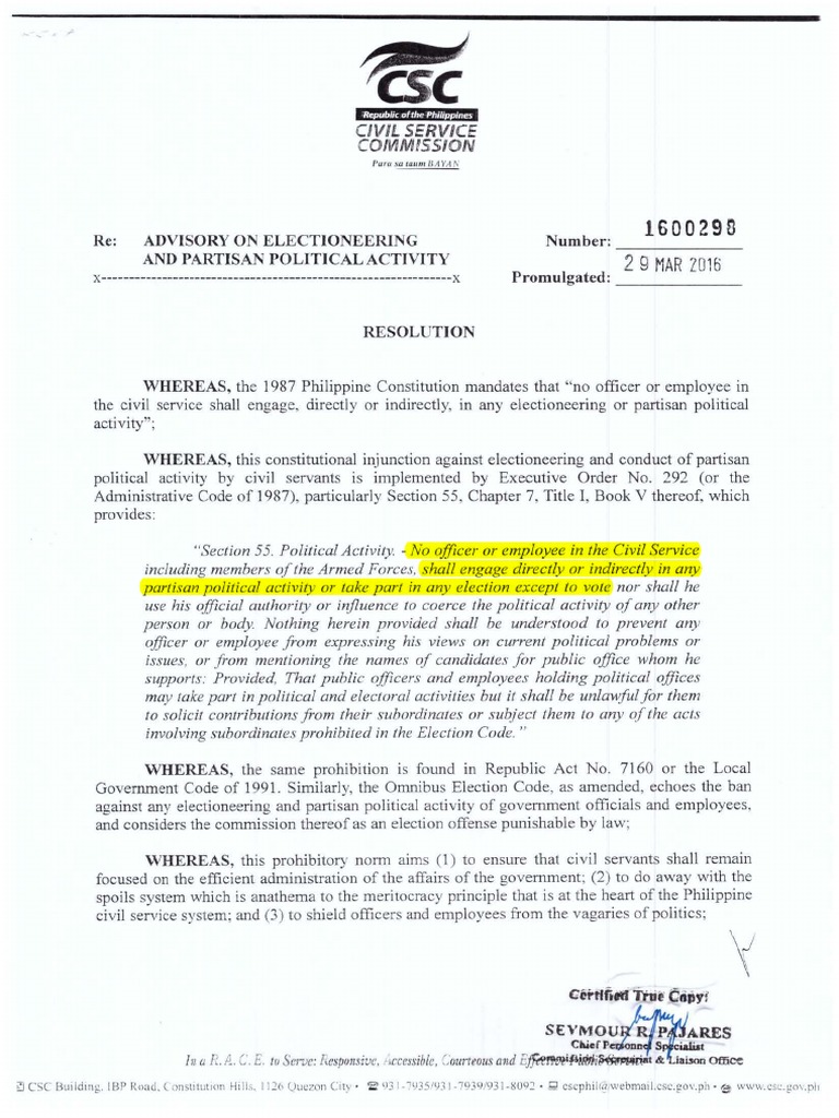 Comelec CSC Joint Circular No. 001 s.2016 ELECTIONEERING AND PARTISAN ...